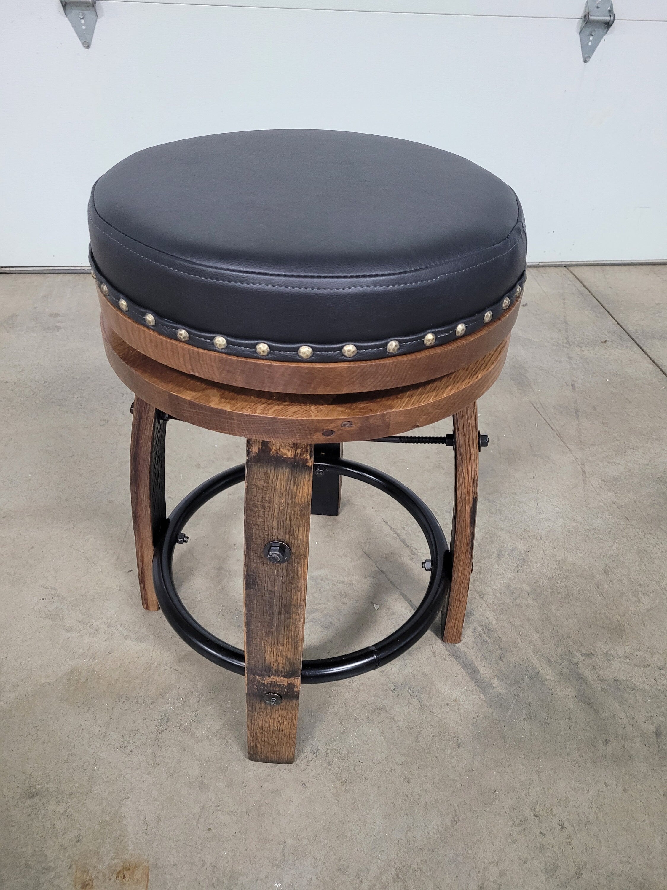 Backless Whiskey Barrel Stave Bar Stool with Real Leather Cushioned Sw ...